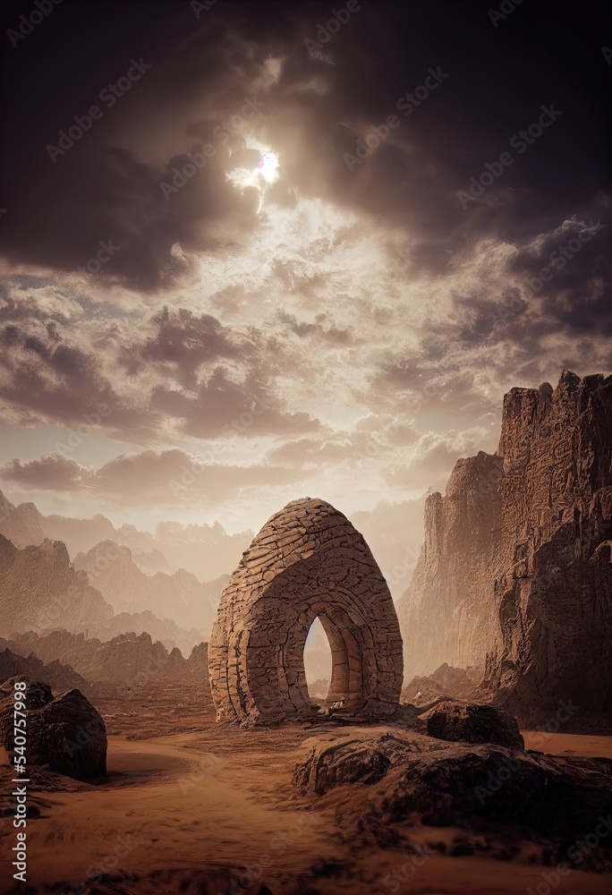 An ancient ruined city, stone ruins, arches, pillars, a magical portal ...