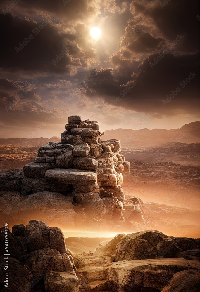 An ancient ruined city, stone ruins, arches, pillars, a magical portal ...