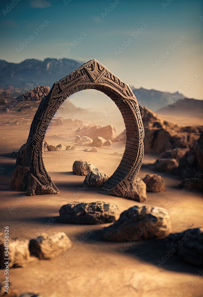 An ancient ruined city, stone ruins, arches, pillars, a magical portal ...