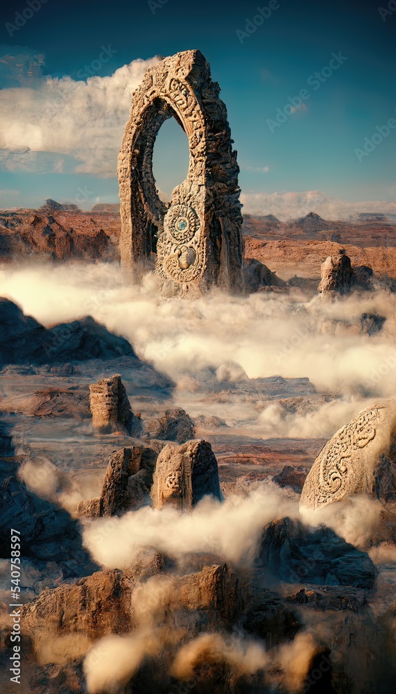 An ancient ruined city, stone ruins, arches, pillars, a magical portal ...