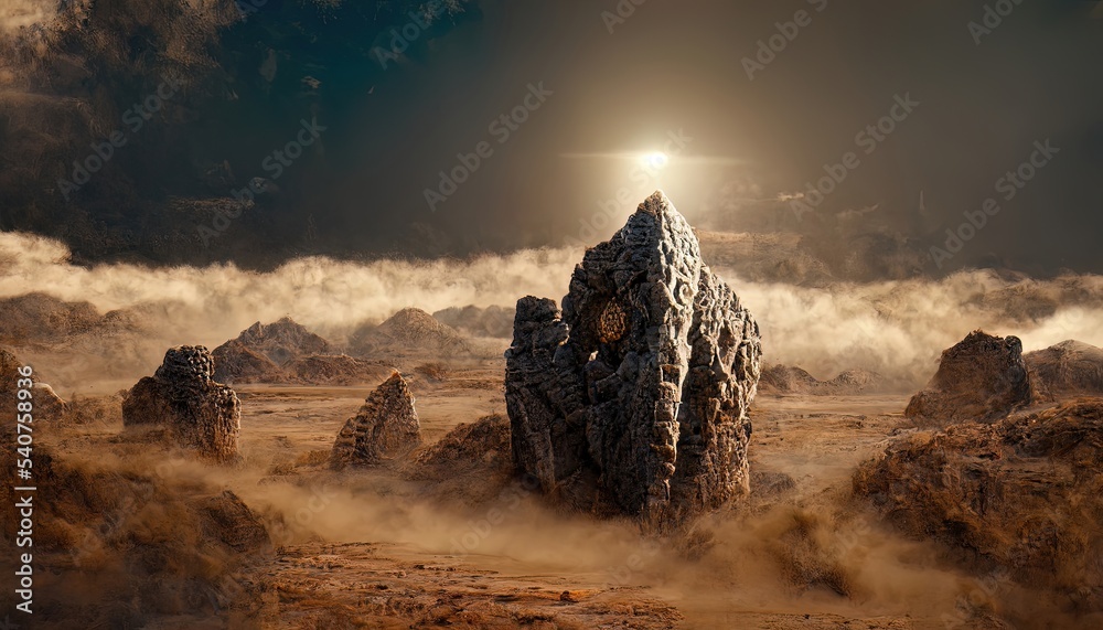 An ancient ruined city, stone ruins, arches, pillars, a magical portal ...