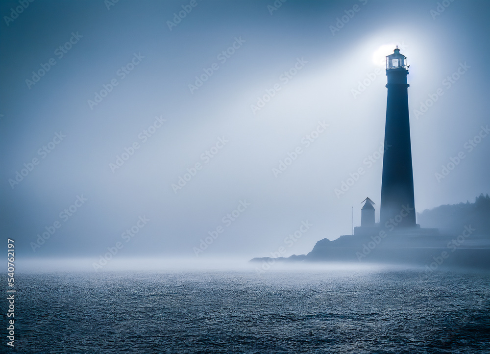Seascape with a big lighthouse lighting the mist and the coast ...