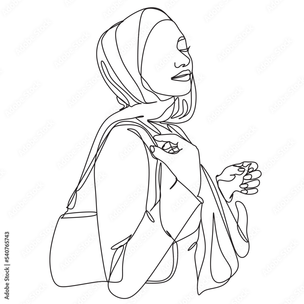 Woman in hijab line drawing.Hijab one line. Vector line drawing. One ...