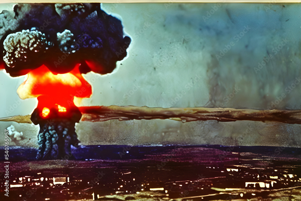 an old autochrome photograph of an atomic bomb explosion with mushroom ...