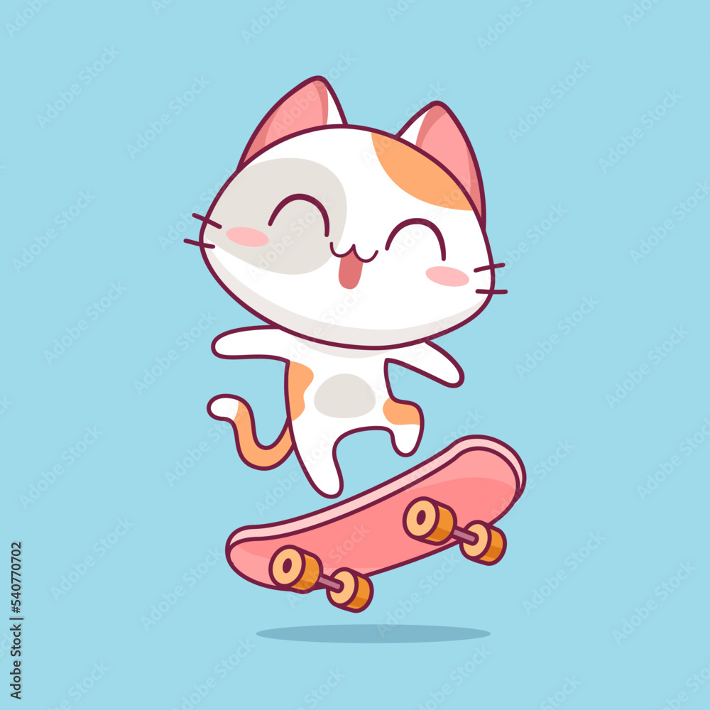 Cartoon Kitten jumping with skateboard kawaii style vector illustration ...