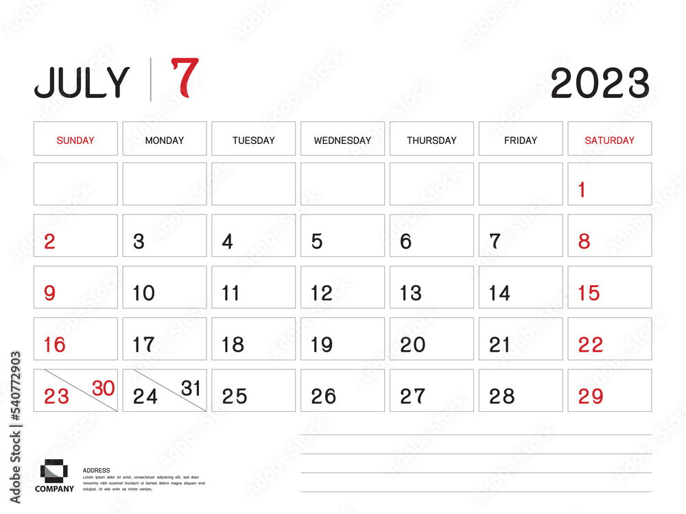 Calendar 2023 Vector- July 2023 year planner template, Desk Calendar ...