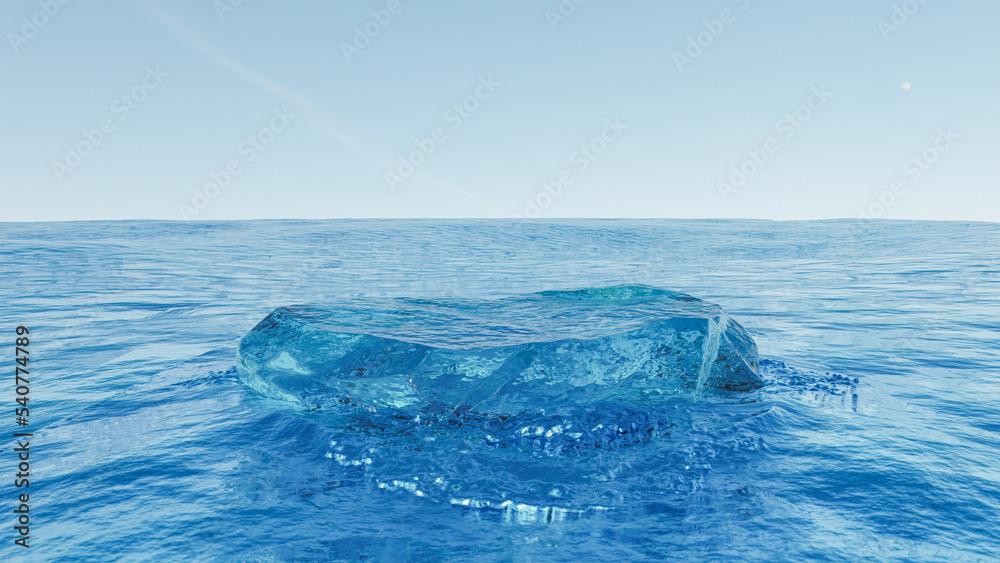 Blue ice podium in sea, product display ice, sea water and sky mock up ...