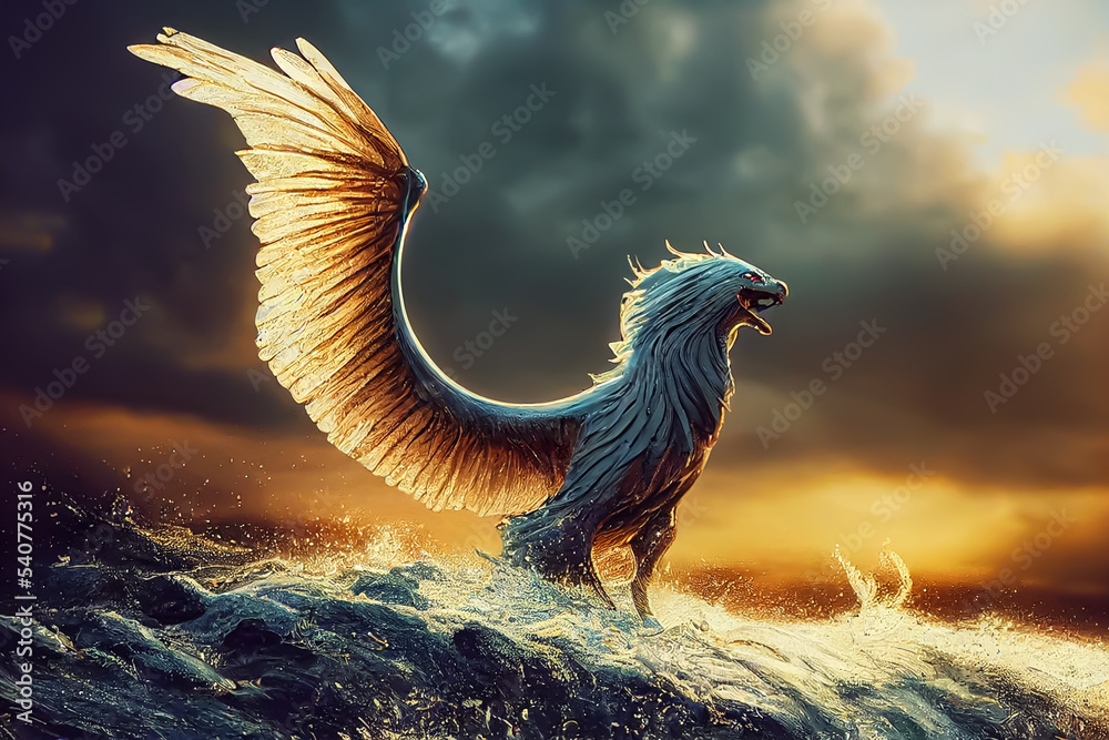 Digital oil painting style griffin spreading its wings on the sea ...