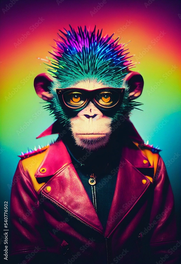 Antropomorphic old huge monkey dressed in leather jacket looks like pop ...