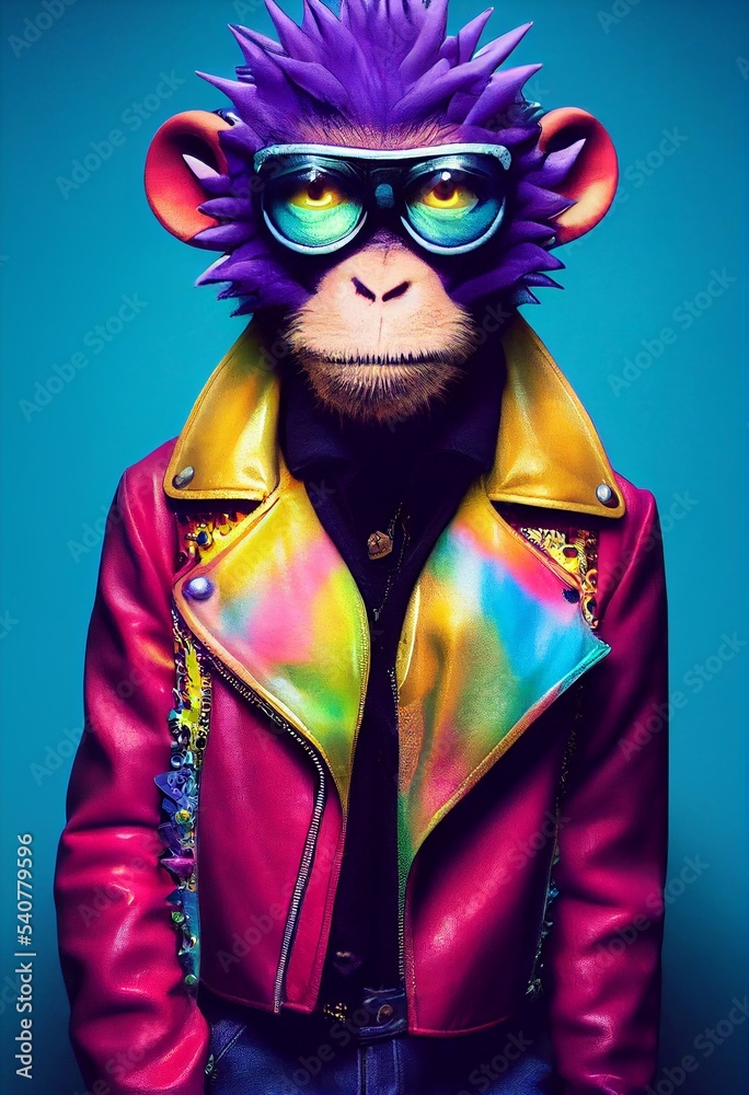 Antropomorphic old huge monkey dressed in leather jacket looks like pop ...