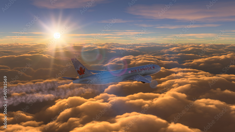 Commercial Boeing 777-200 Air Canada flying over the amazing sunset, 24 ...