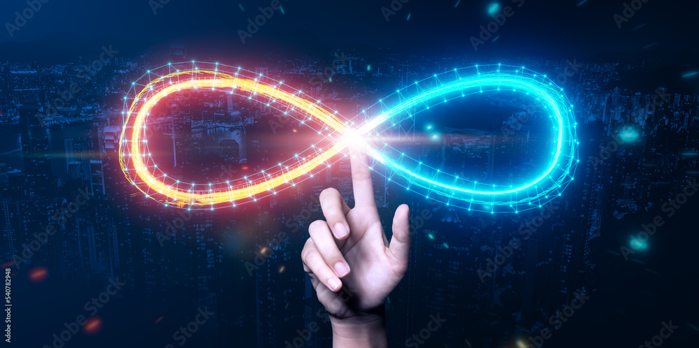 Businessman pointing infinity symbol connection dots data technology ...
