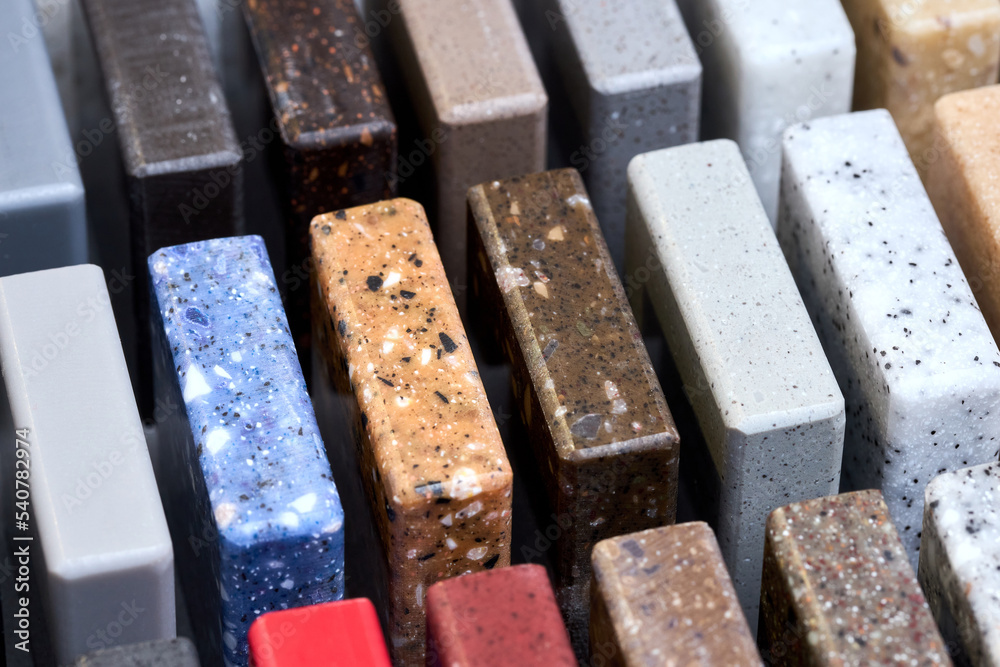 Porcelain multicolored stoneware square samples as kitchen countertop ...