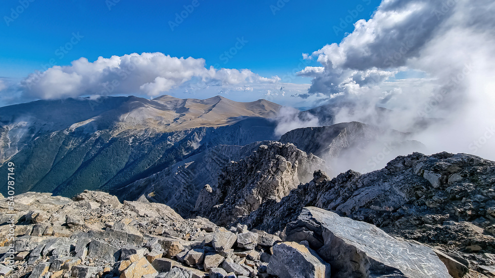 Panoramic view from cloud covered mountain summit of Mytikas Mount Olympus, Mt Olympus National ...