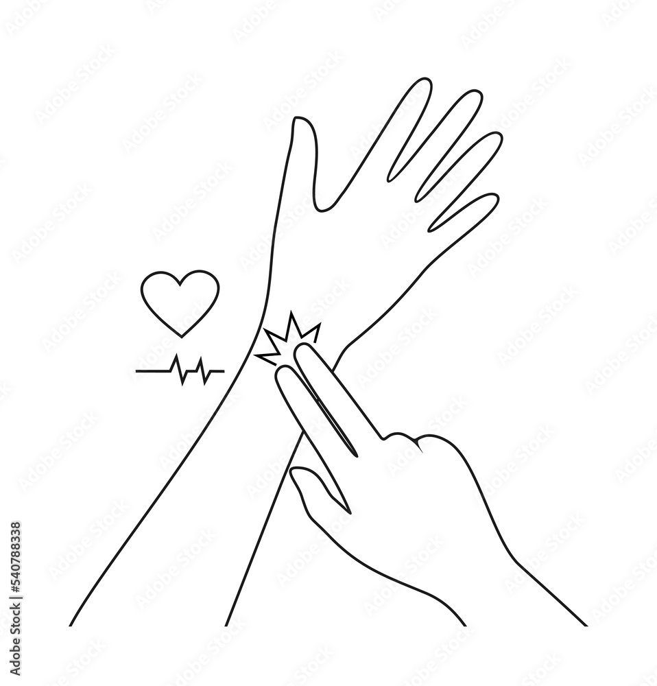 Measurement of the pulse. Two hands, heart and cardiogram in linear ...