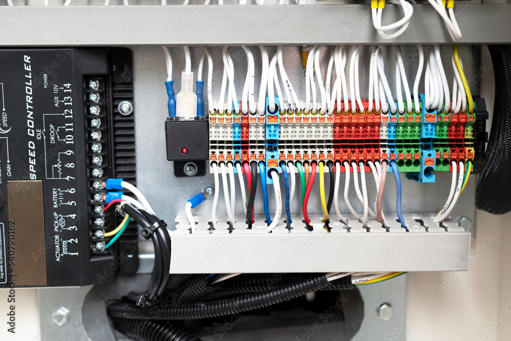 Electrical panel with multi-colored wires. Voltage distributor with ...