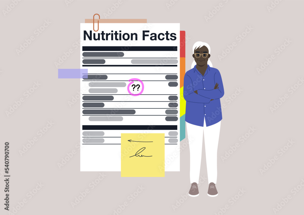 Nutrition facts label explained with notes and bookmarks, a senior ...