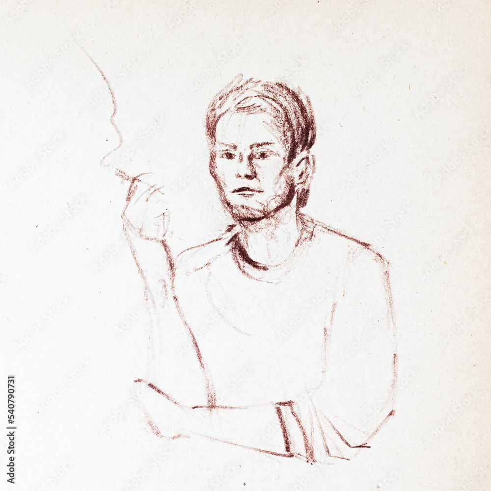 Sketch of young guy smoking cigarette, drawing by hands with red ...