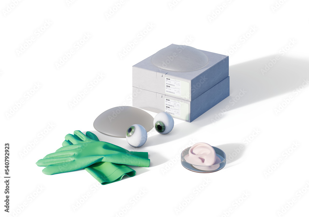 Medical devices: eye, ear, breast implants, rubber gloves and packaging ...