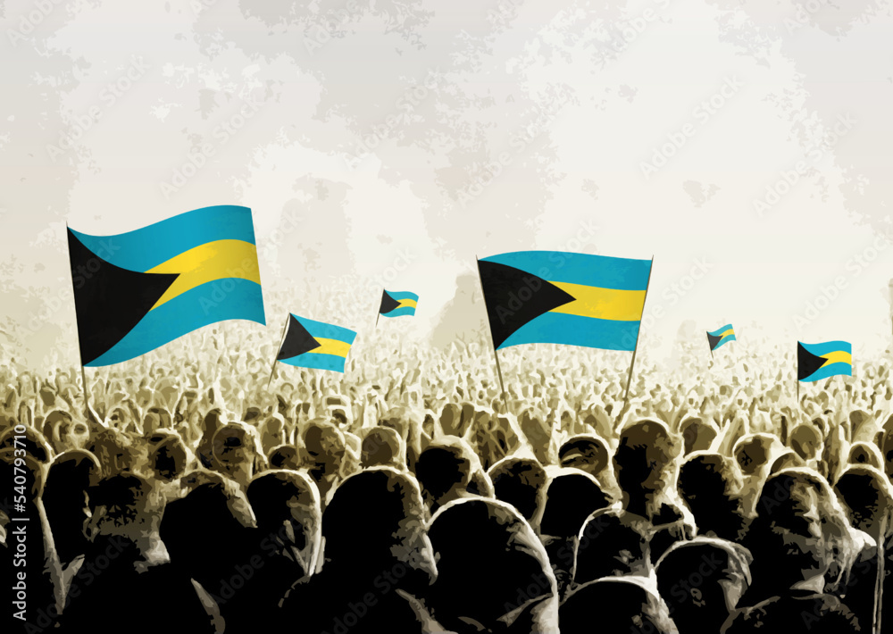 Crowd with the flags of The Bahamas, people cheering national team of ...