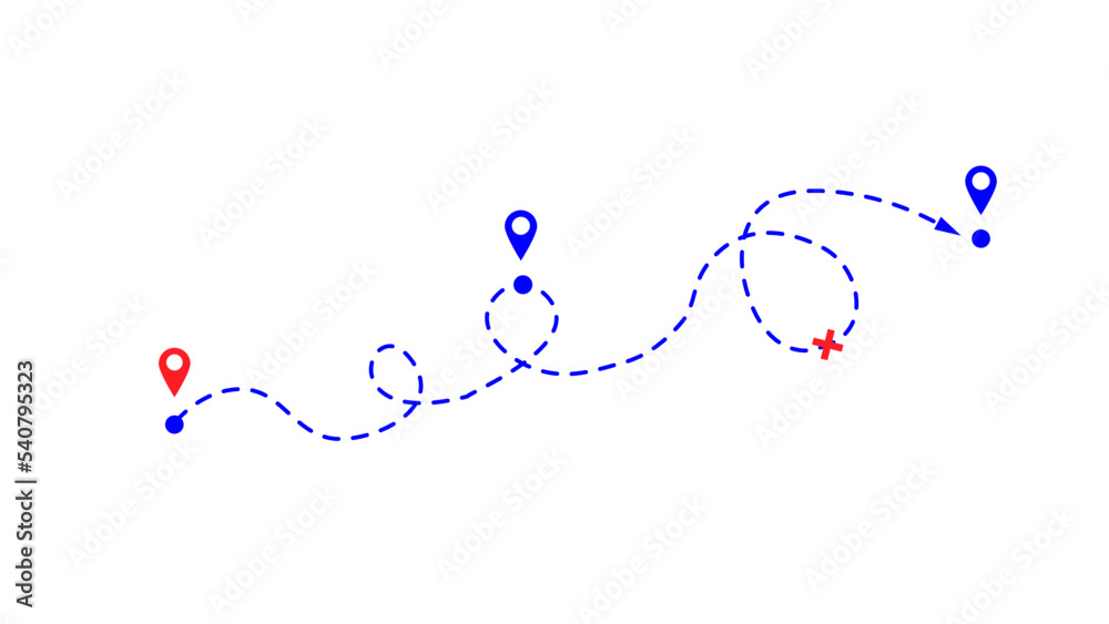 Path from point to point, Location for travel, dotted road map with ...