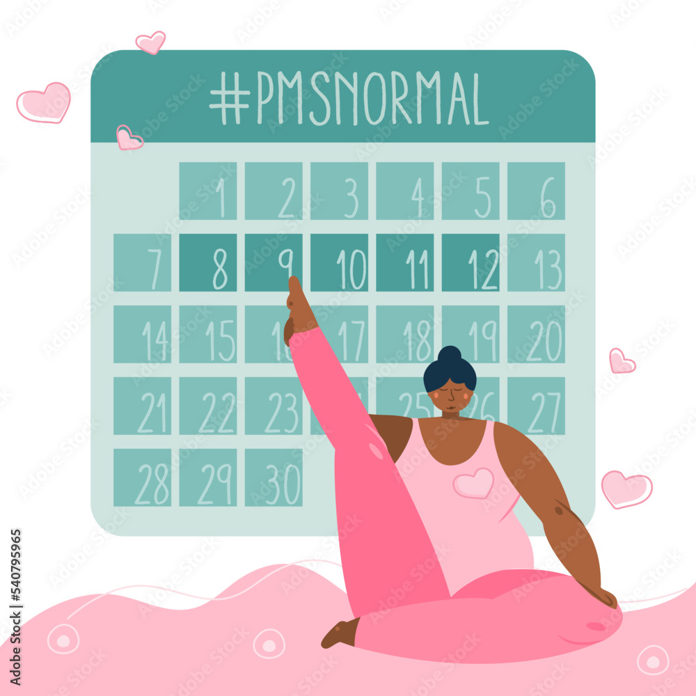PMS calendar with body positive women do yoga, do sport exercise. The ...