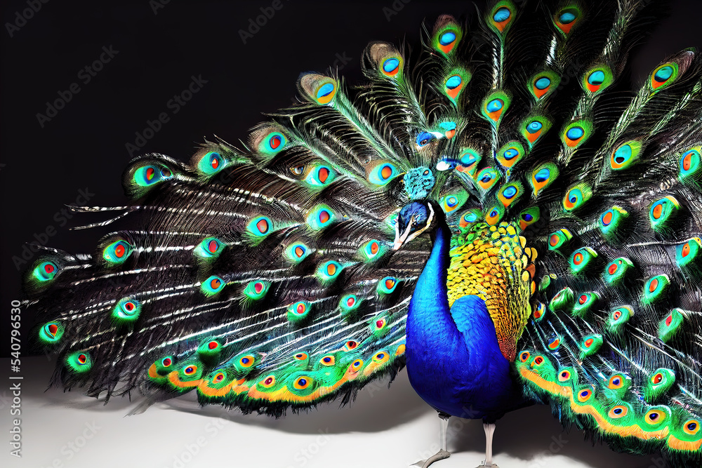 Colorful peacock bird standing with open wings in a studio Stock ...