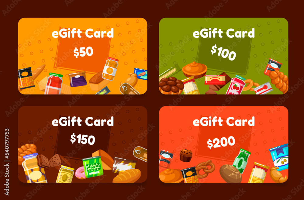 Food voucher e gift card set vector store shopping cafe restaurant ...