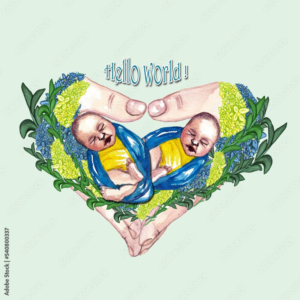 Watercolor illustration of cute baby twins, newborn sleeping in the ...