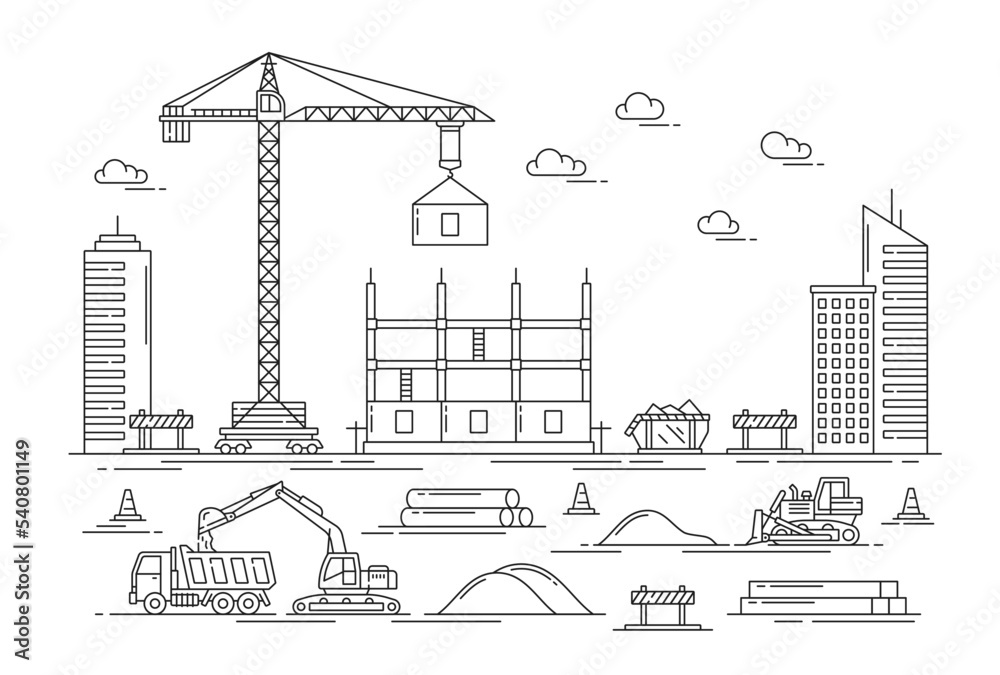 Outline building construction site of house with build equipment ...
