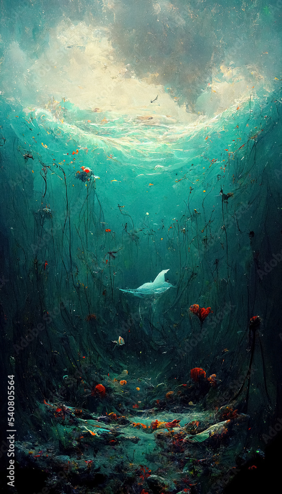 Abstract digital painting of fish and sea creatures swimming in the ...