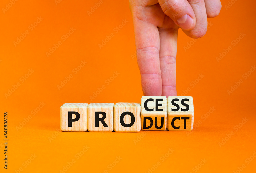 Process and product symbol. Concept words Process and product on wooden ...