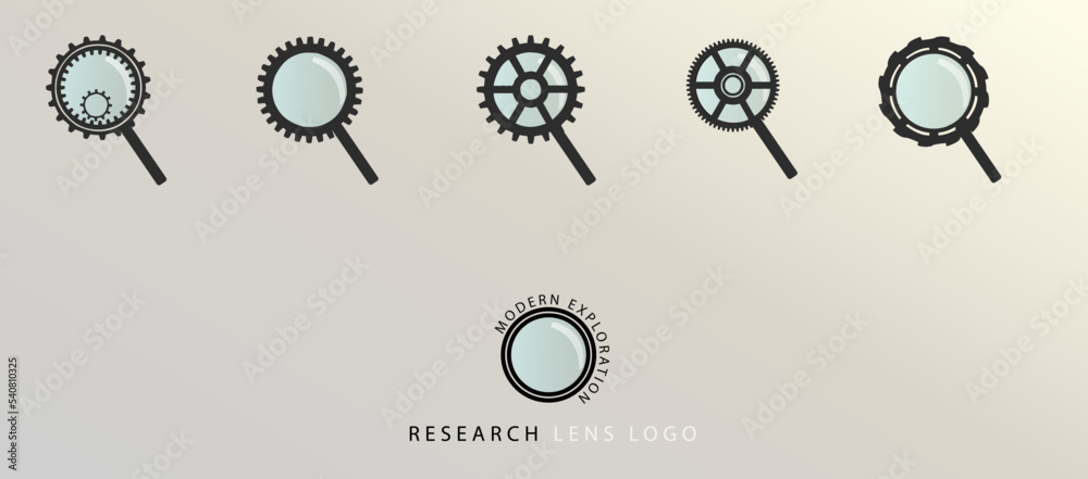 Magnifying glass icon set. Modern symbol with gear, flat graphic design ...