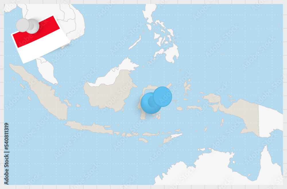 Map of Indonesia with a pinned blue pin. Pinned flag of Indonesia ...