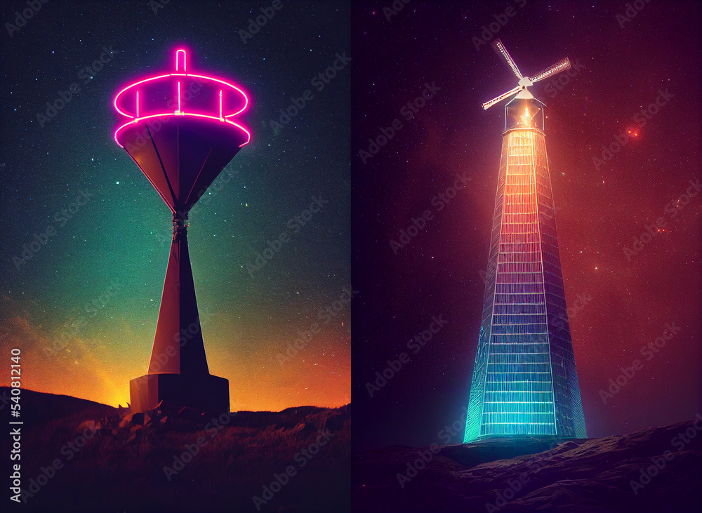 Windmill neon lights cyberpunk futurism, night city skyline with moon ...