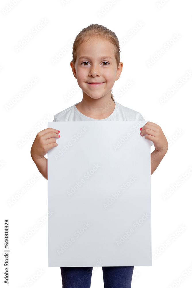 Girl holding empty blank vertical A3 poster for mockup, ad or text ...