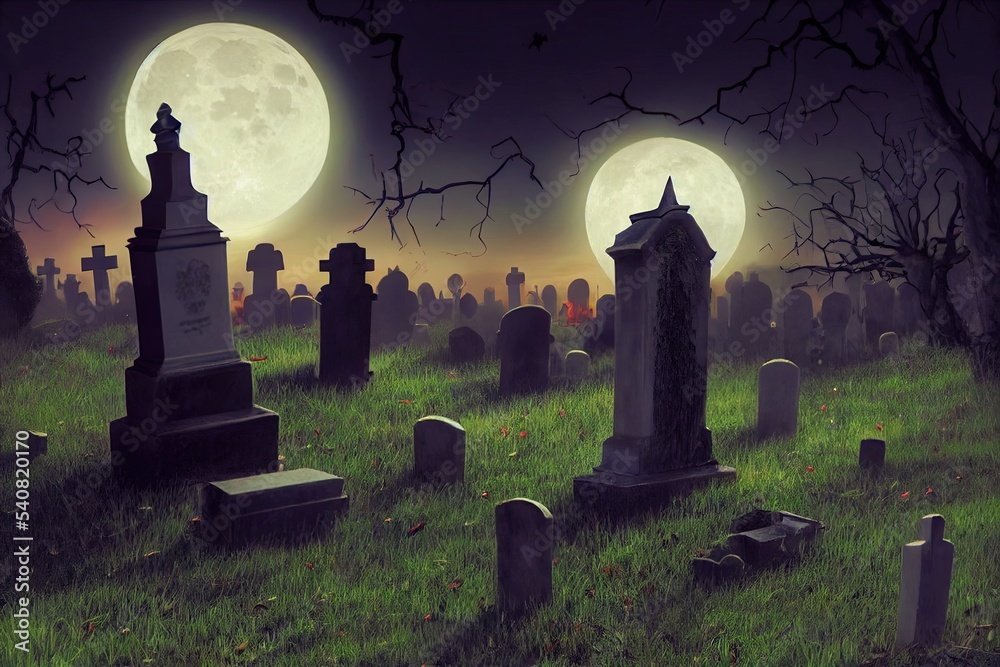 Dark cemetery field of a black forest lit by moonlight during the full ...