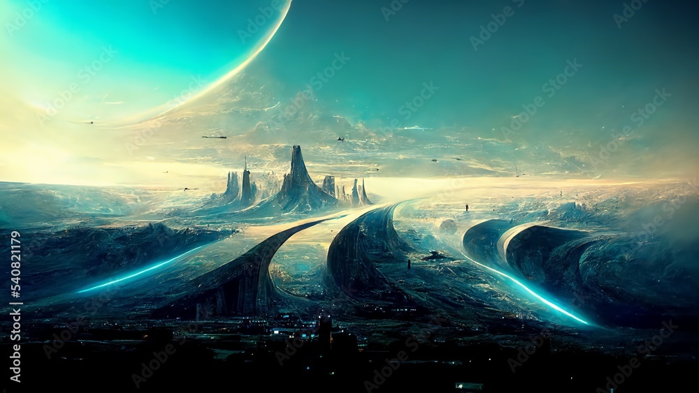 futuristic space planet landscape HD wallpaper desktop background Stock ...