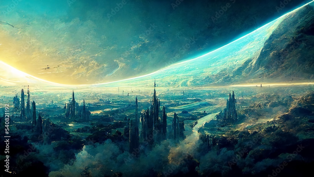 futuristic space planet landscape HD wallpaper desktop background Stock ...