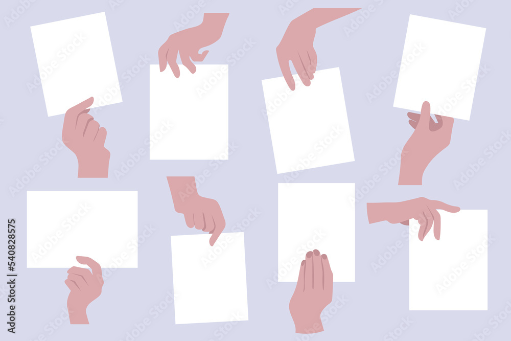 Set of cartoon hands with sheets of paper. Hand pose. Place for text ...