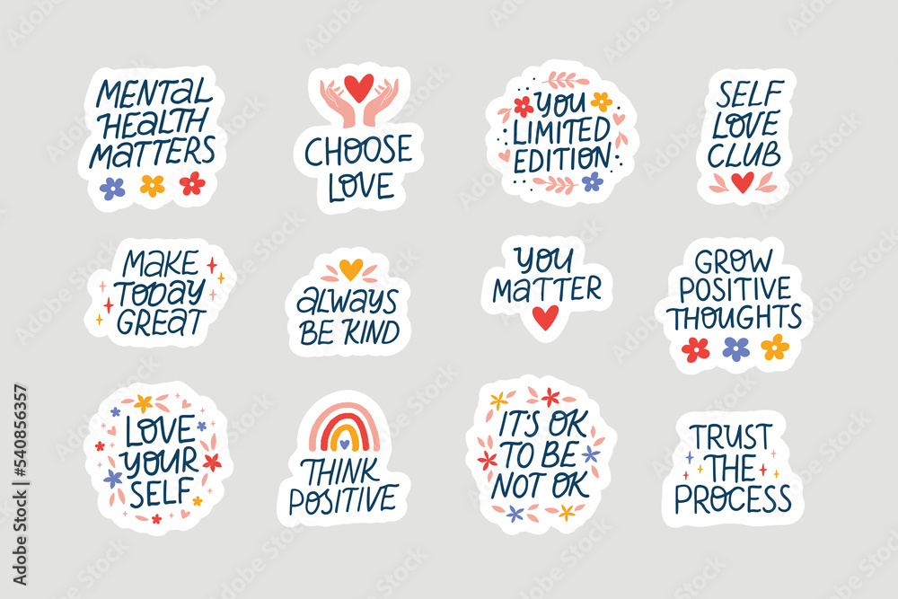 Mental health stickers flat vector illustration. Trendy mindfulness ...