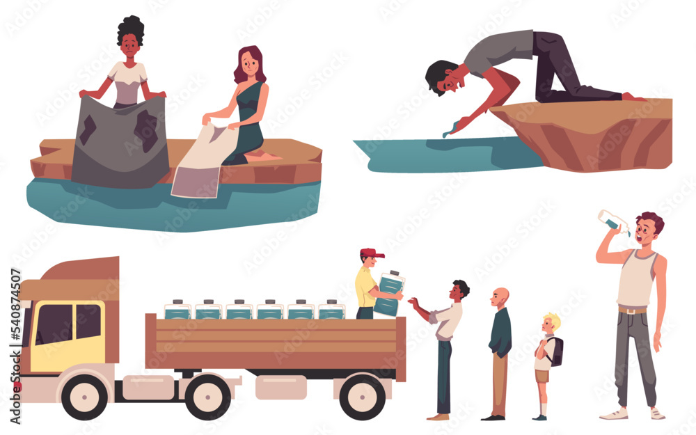 Water scarcity and shortage scene pack, flat vector illustration ...