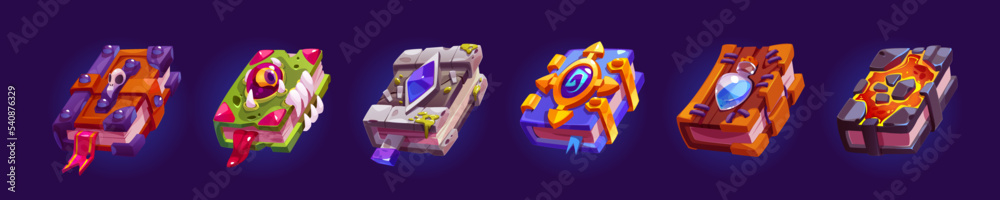 Magic spell books, fantasy alchemy grimoires with bizarre covers ...