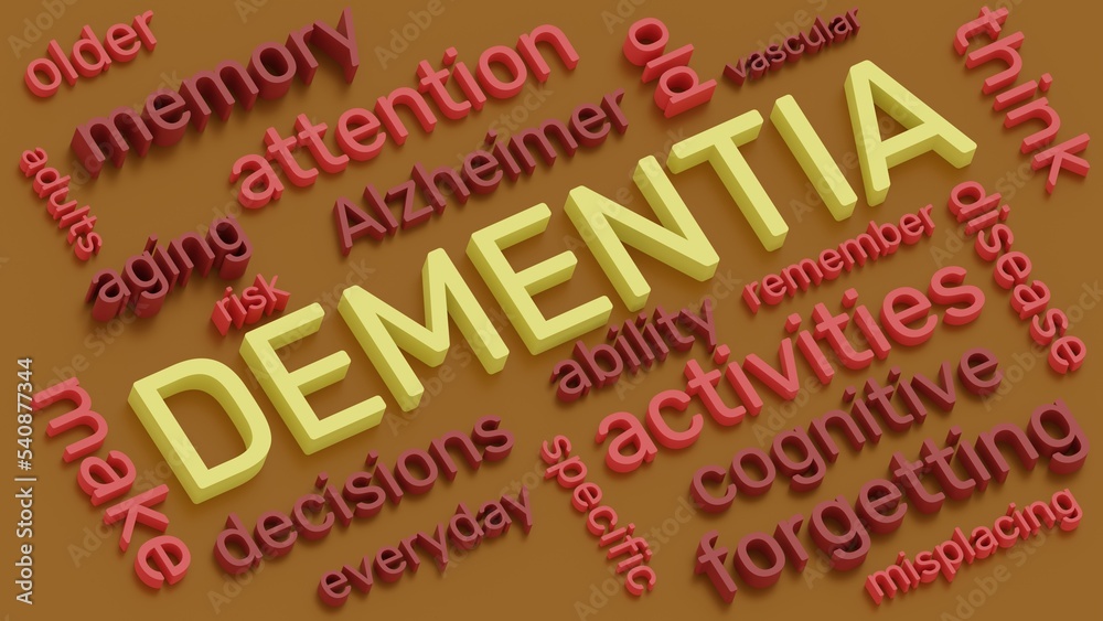 Dementia words and terms 3d word cloud illustration. Dementia banner ...
