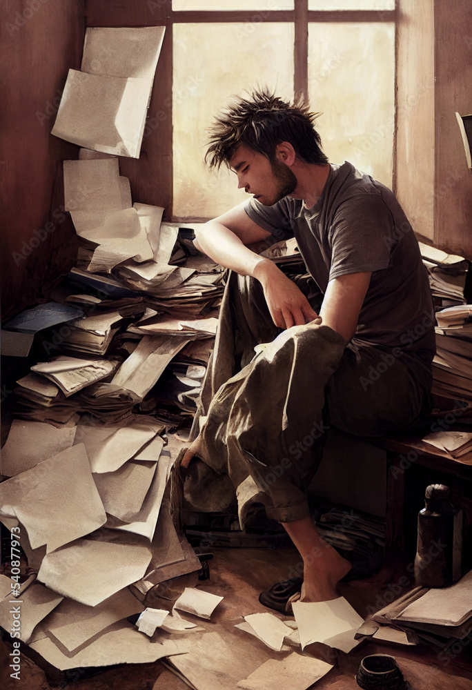 Tired man with a huge pile of pappers. Stressed and depressed man ...