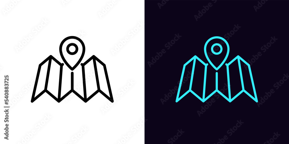 Outline map icon, with editable stroke. Linear map with pin marker, map ...