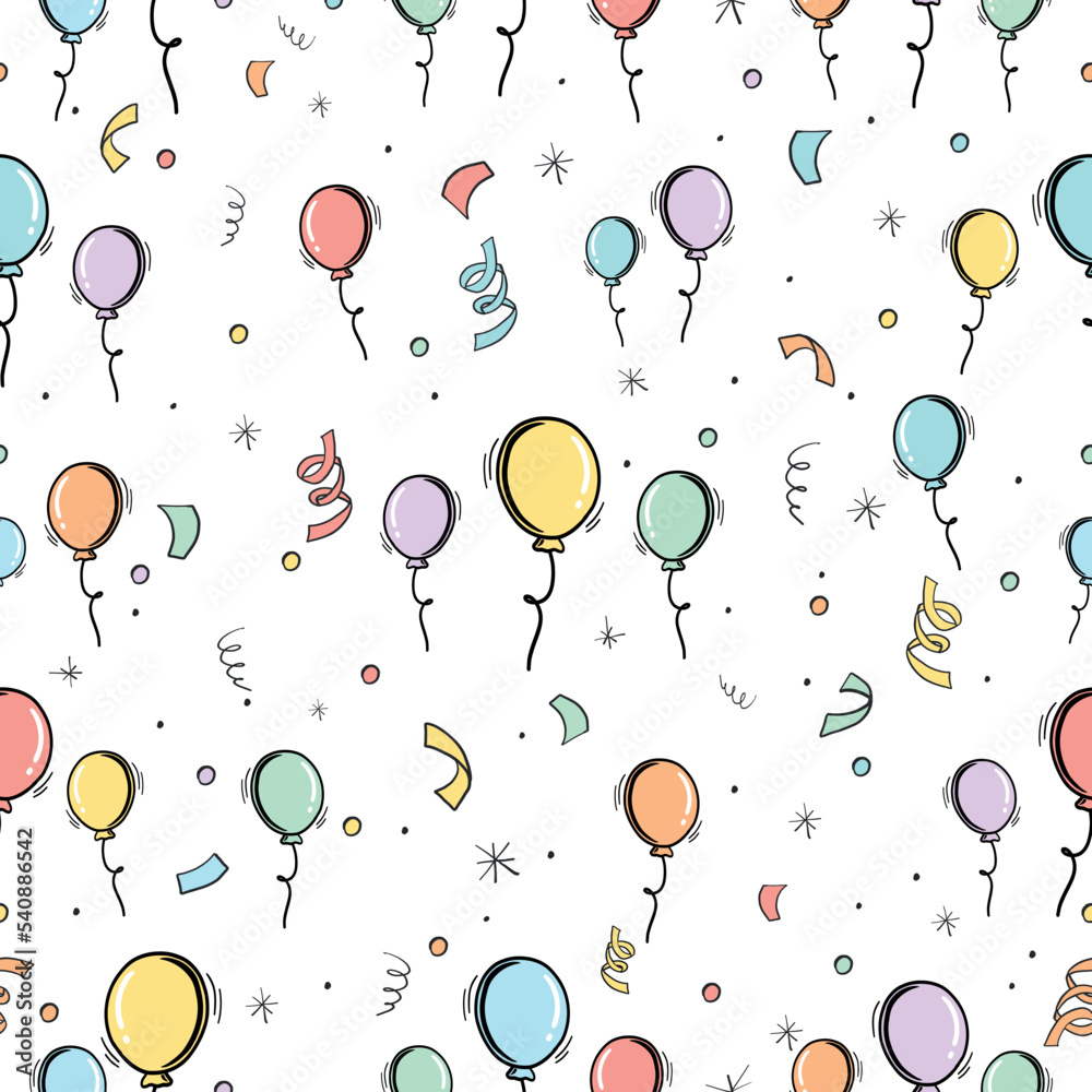 Vector Hand Drawn Party Seamless Pattern. Colorful balloons texture ...