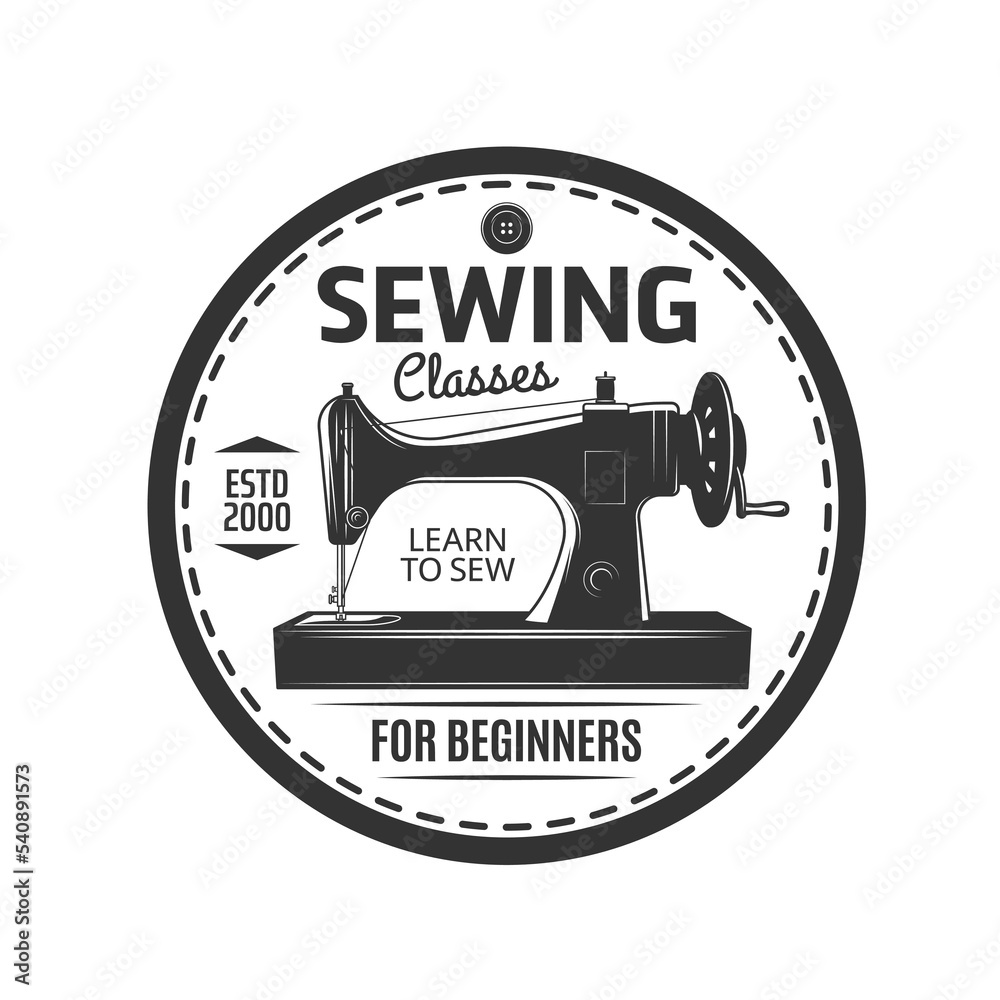 Sewing classes icon, seamstress and tailor dressmaker or needlework workshop vector emblem ...