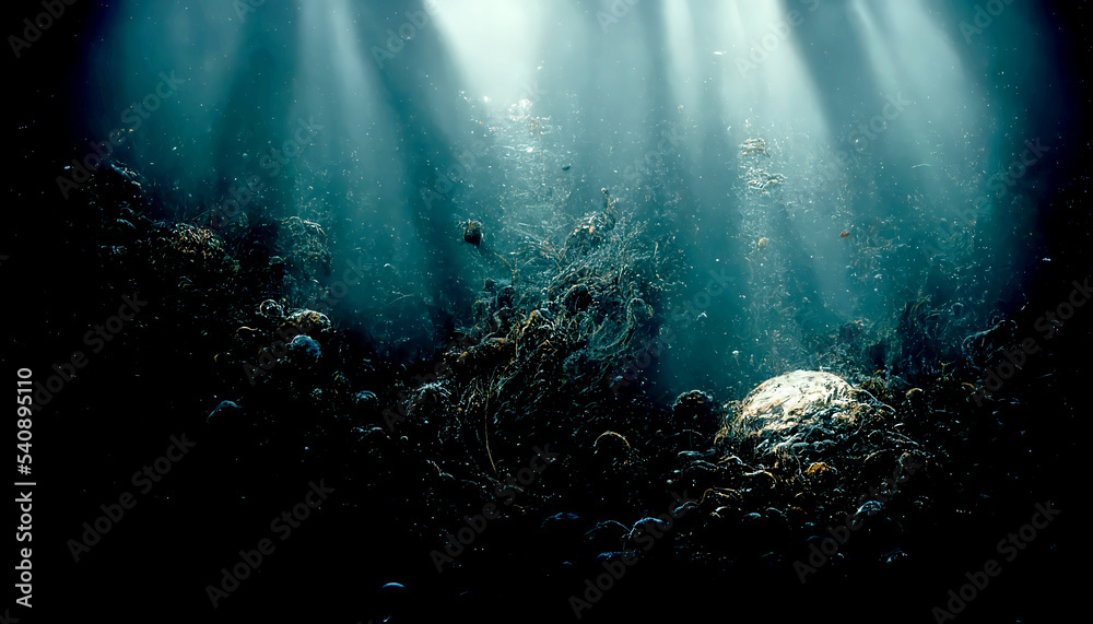 Surreal scenery in the deep sea, 3d Illustration of ocean depths on ...