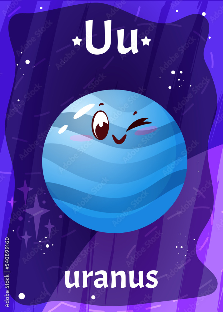 Printable space alphabet flashcard with letter U. Cartoon cute uranus ...